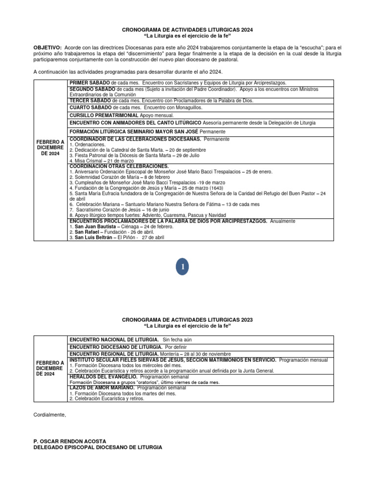 Cuadros Programación 2024 Pastoral Litúrgica | PDF | Misa (liturgia) | Liturgia