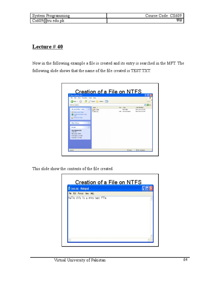 Lecture # 40: Creation of A File On NTFS | PDF | Dos | System Software