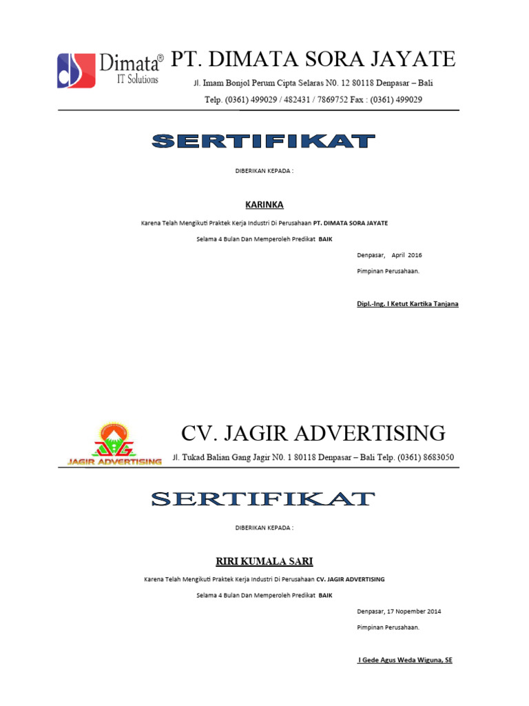 Sertifikat Magang Berprestasi | PDF | Karier & Perkembangan