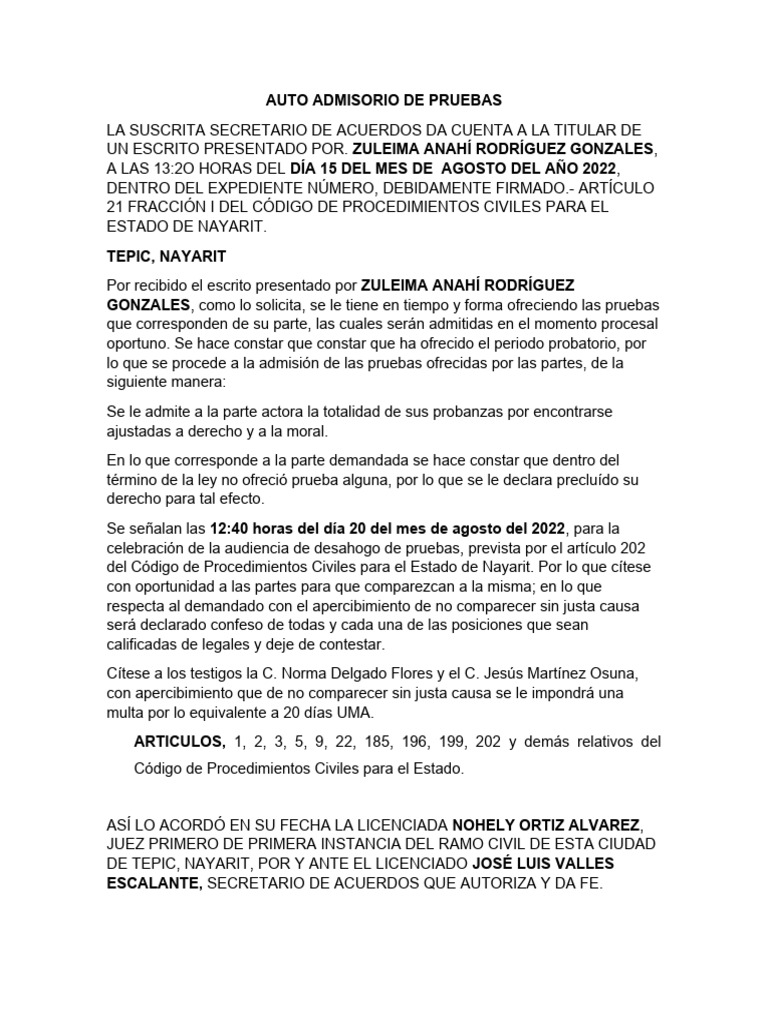 Auto Admisorio de Pruebas | PDF
