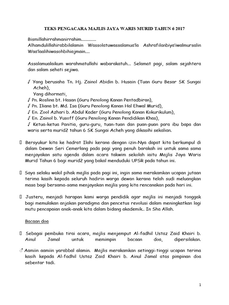 Teks Pengacara Majlis Jaya Waris Murid Tahun 6 2017 | PDF