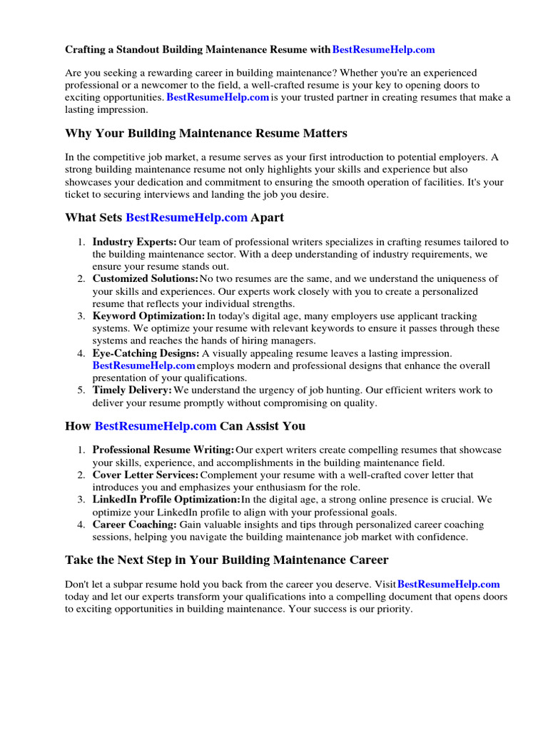 Building Maintenance Resume | Download Free PDF | Résumé | Occupational ...