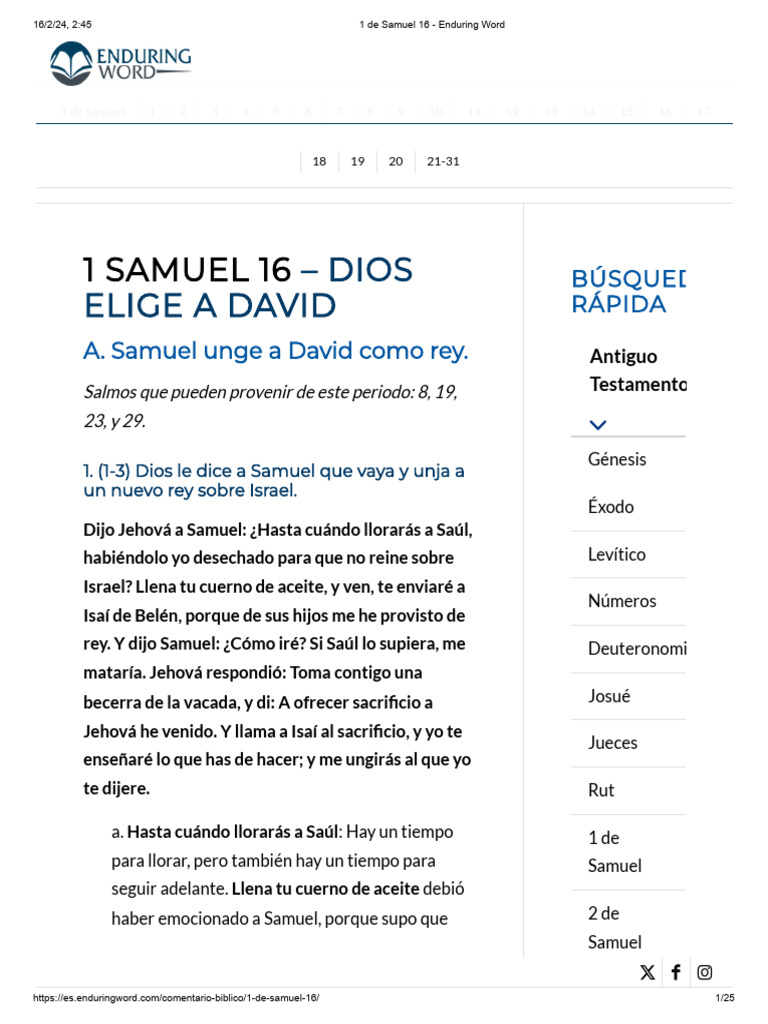 1 de Samuel 16 - Enduring Word | PDF | David | Saulo