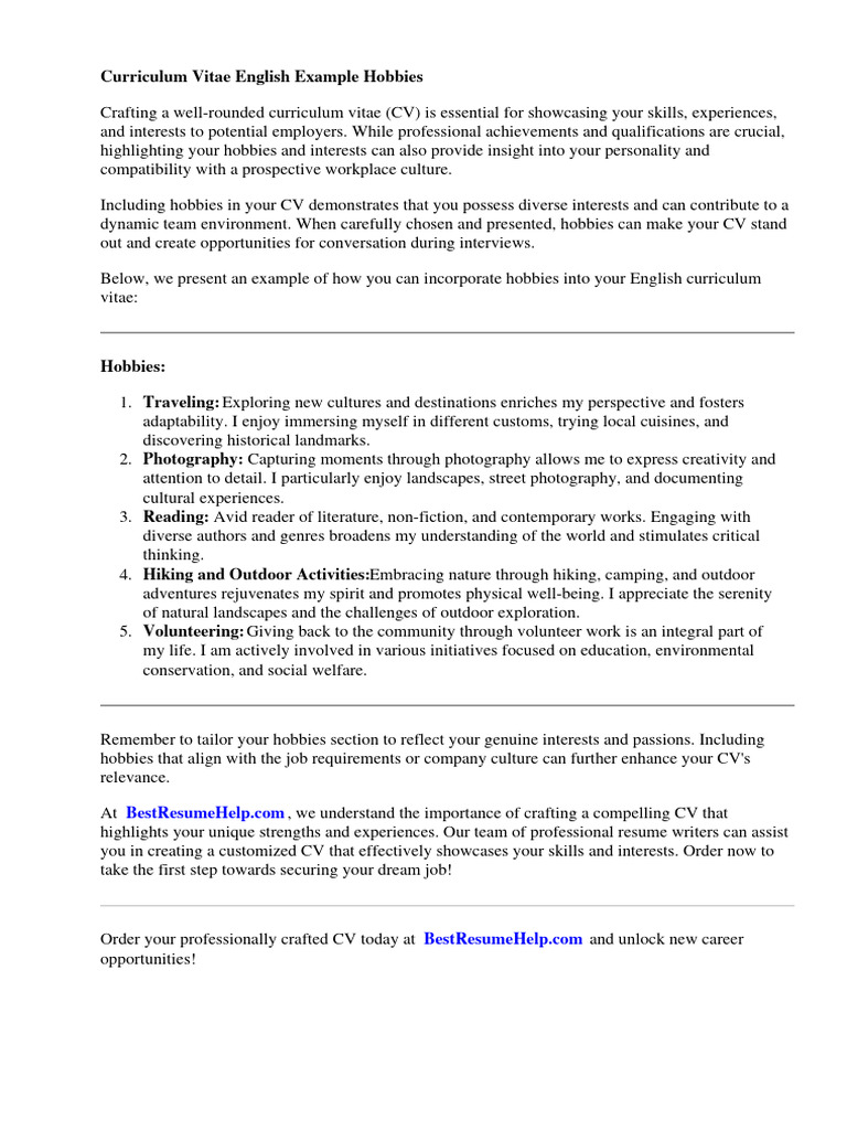 Curriculum Vitae English Example Hobbies | PDF | Résumé | Hobbies