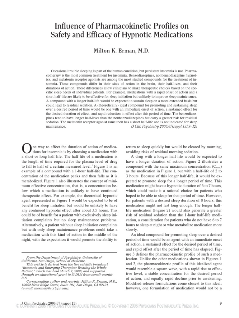 Drugs Influence of Pharmacokinetic Profiles On Safety and Efficacy of Hypnotic Medications | PDF ...