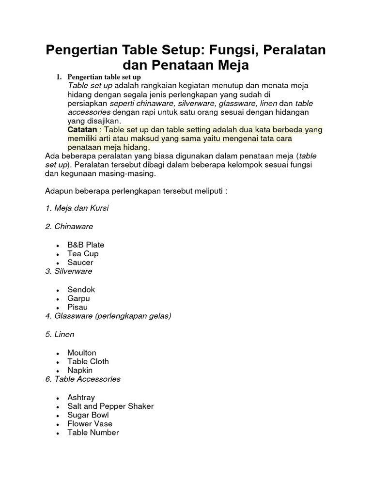 Pengertian Table Setup | PDF | Memasak, Makanan, & Anggur