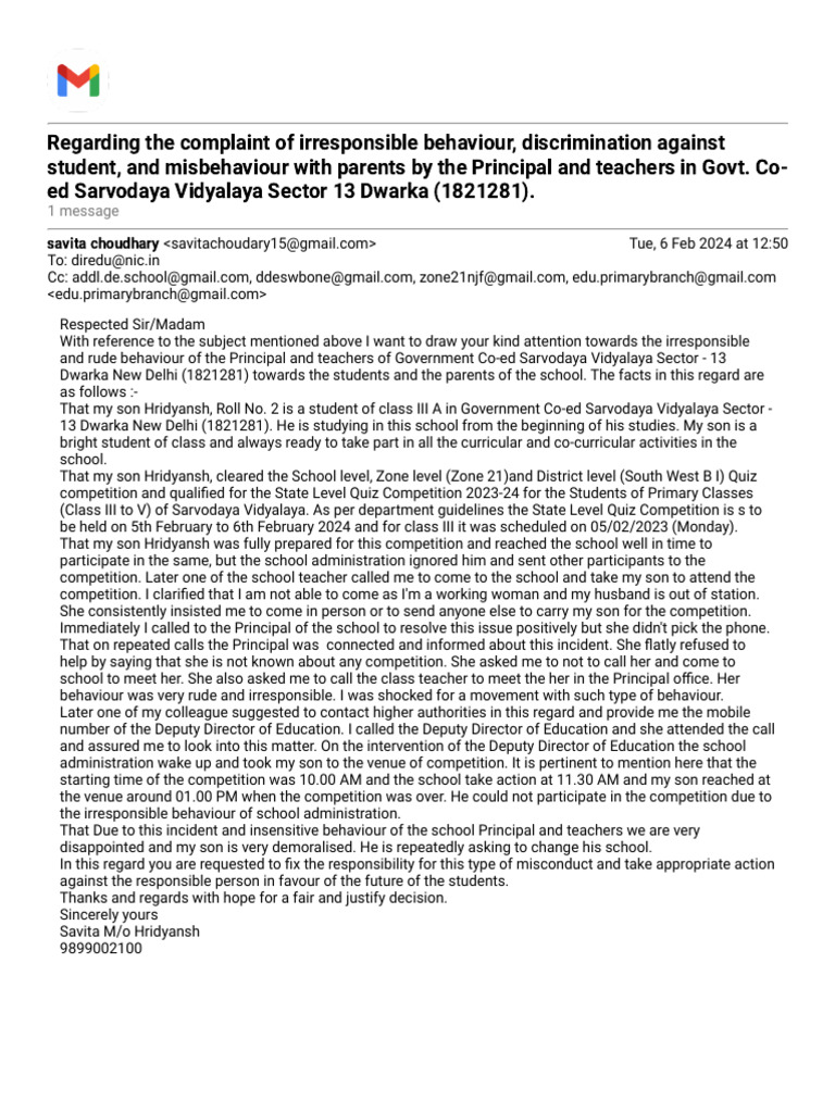 Gmail - Regarding The Complaint of Irresponsible Behaviour ...