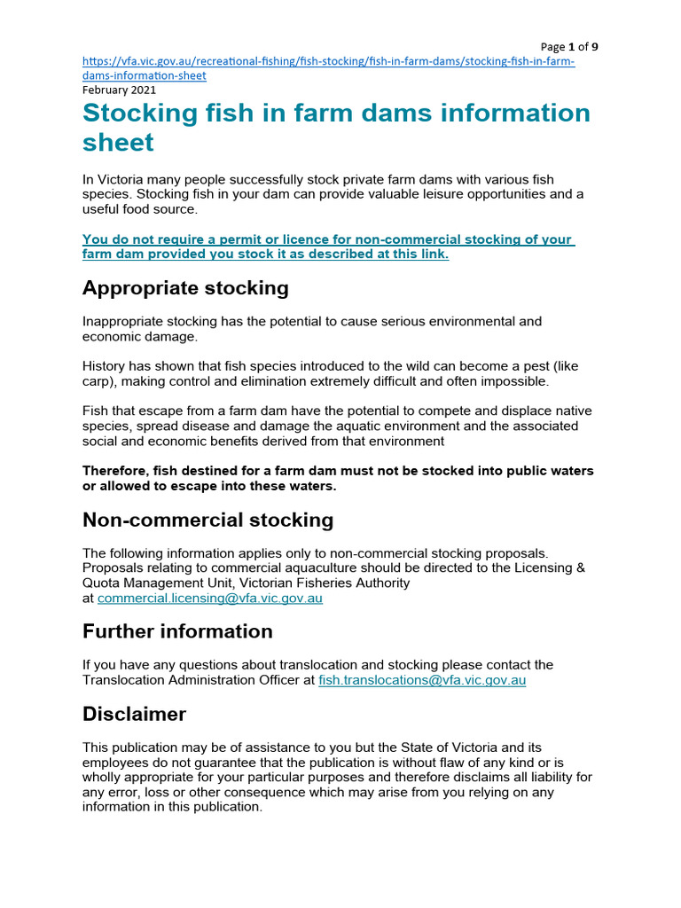 Stocking Fish in Farm Dams Information Sheet Webpage 01 2022 | PDF ...