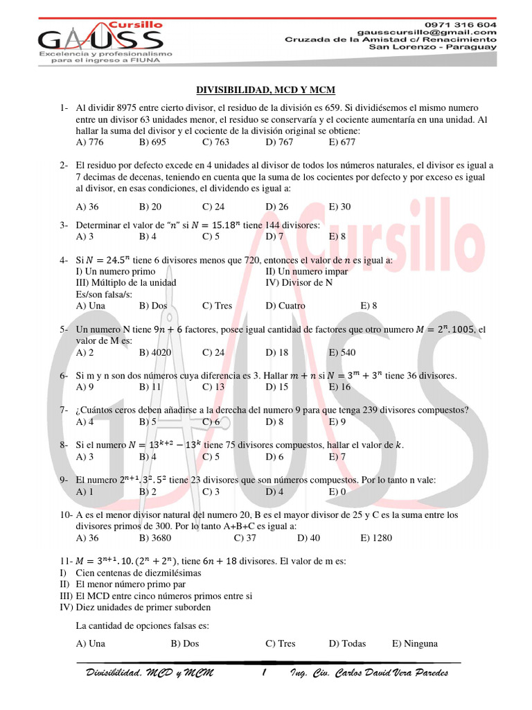 1 Divisibilidad Mcd Y Mcm Pdf División Matemáticas Número Primo