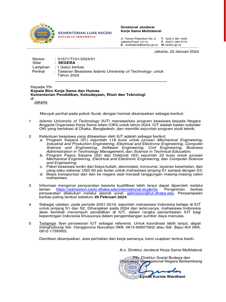 01 Kemdikbud IUT Scholarship 2024 | PDF