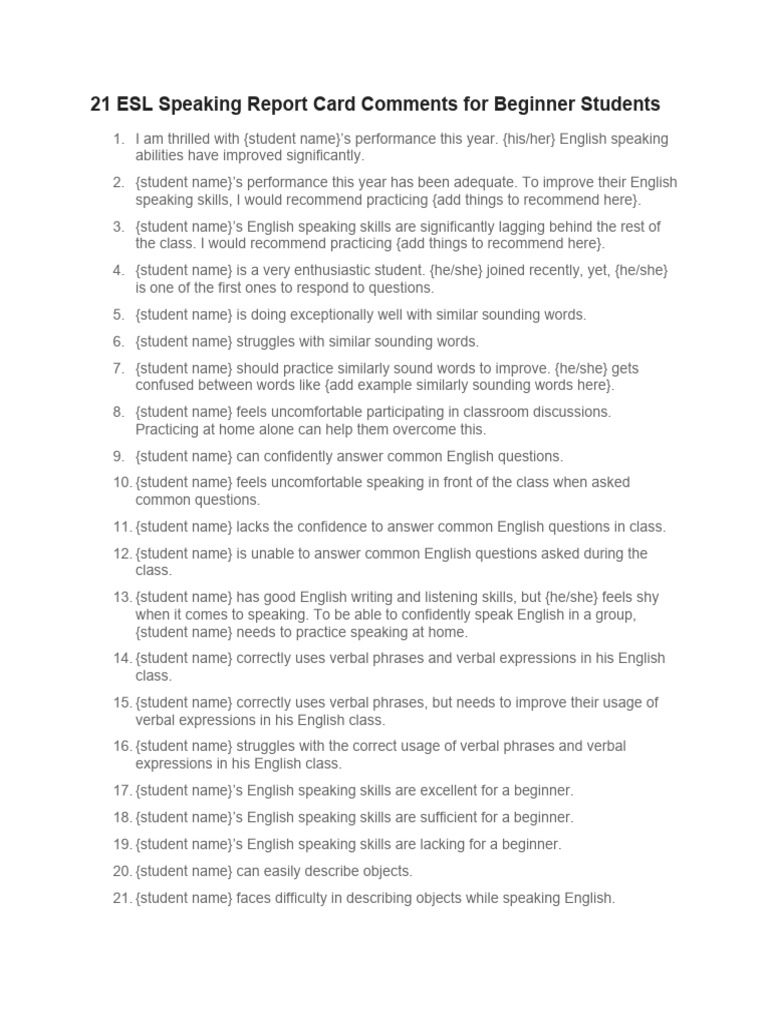 ESL Speaking Report Card Comments | Download Free PDF | Phonics ...