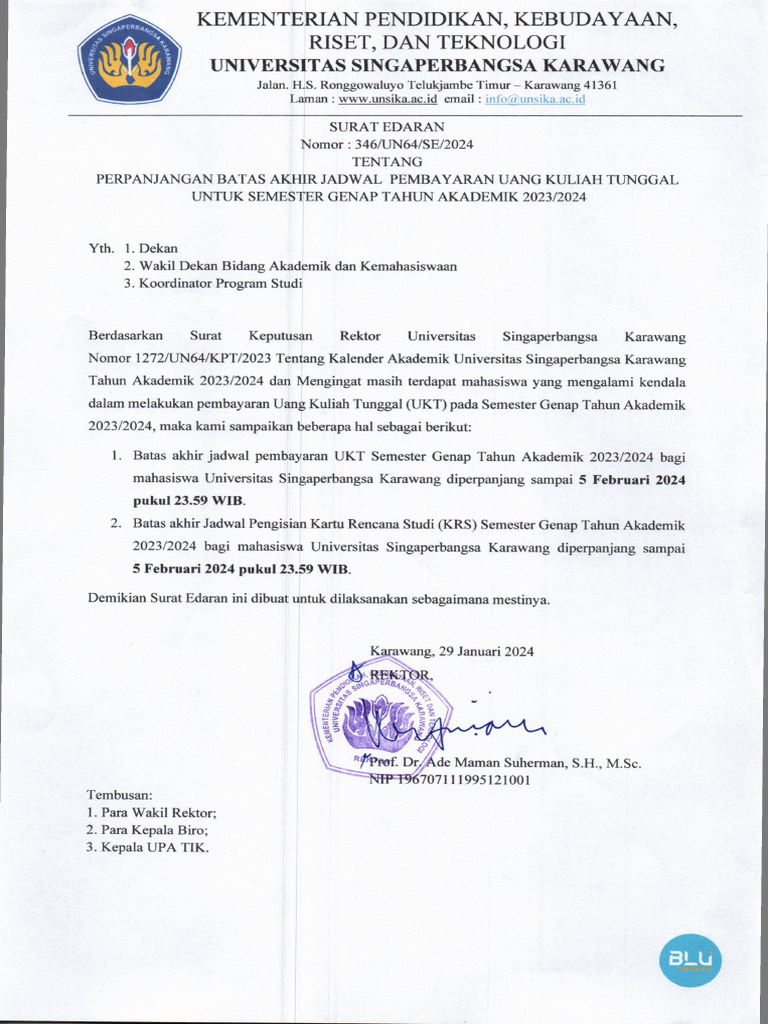 346 - SE Perpanjangan Batas Akhir Jadwal Pembayaran UKT Semester Genap TA 2023-2024 | PDF