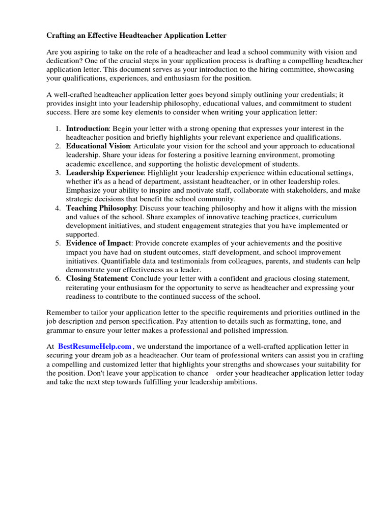 Headteacher Application Letter | Download Free PDF | Teachers | Leadership