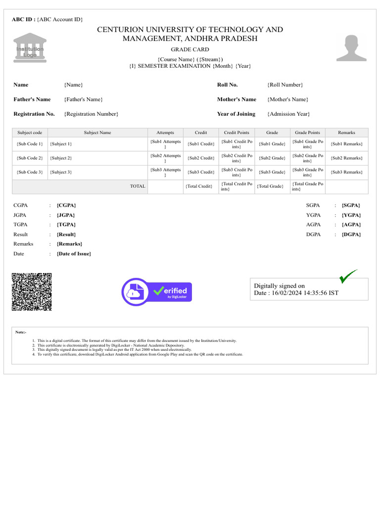 Centurion University Grade Card Sample | PDF