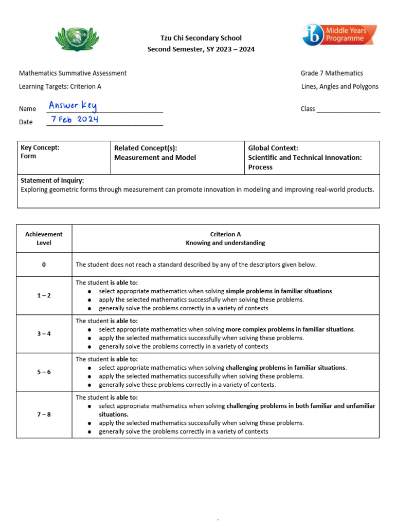 Answer Key G7 Summative Assessment - Criterion A#4 | PDF | Triangle | Angle