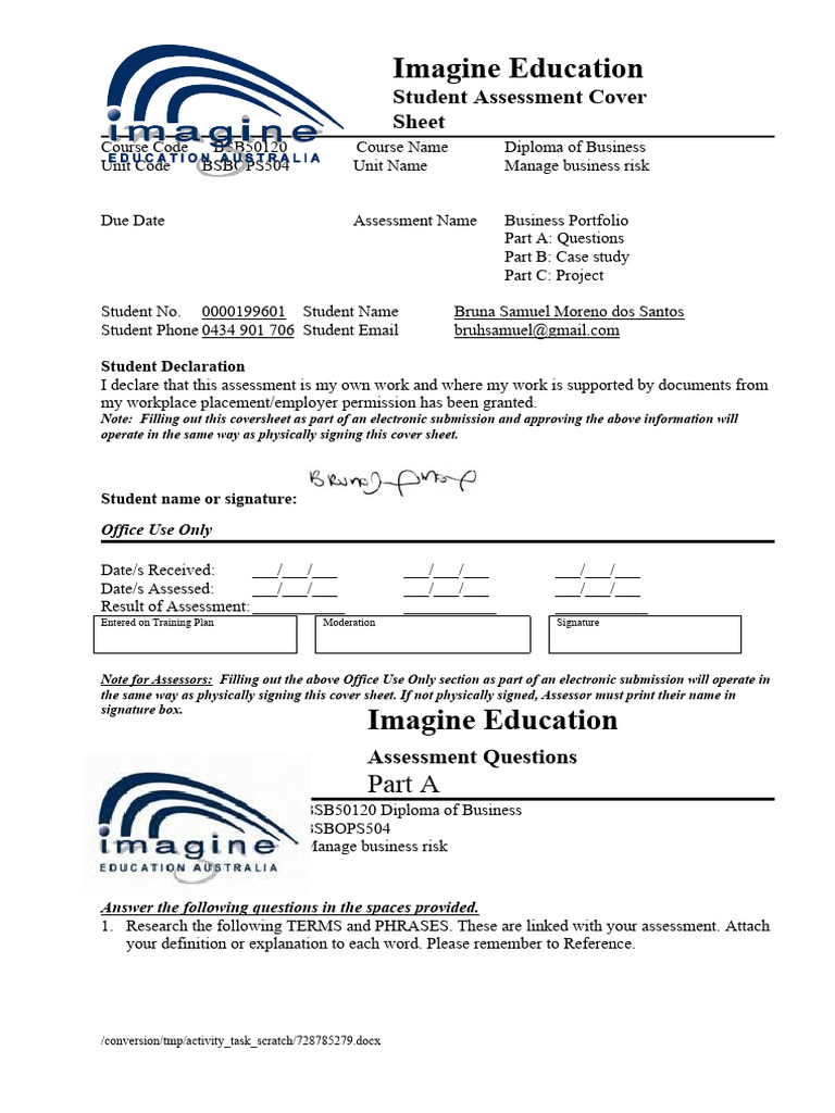 Bruna BSBOPS504 Student Assessment v1.1 | PDF | Risk Management | Risk