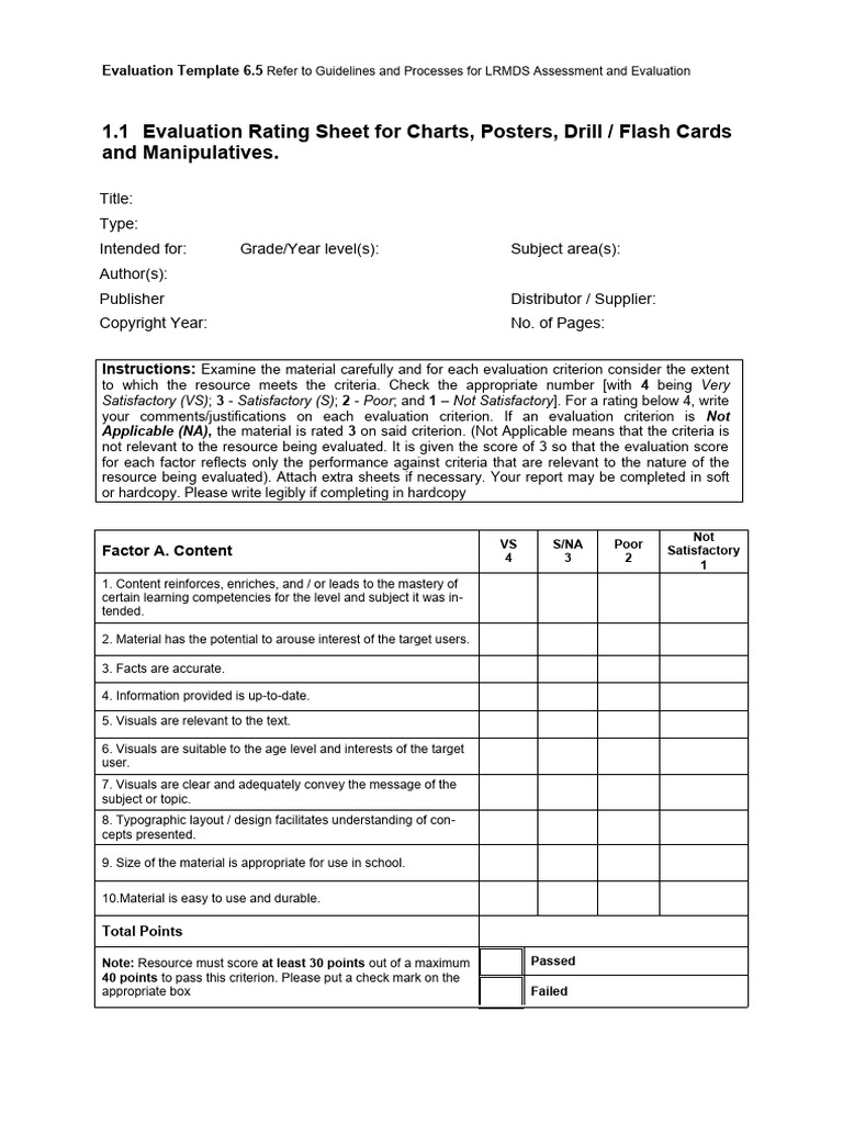 Evaluation Rating Sheet For Charts, Posters, Drills | Download Free PDF ...