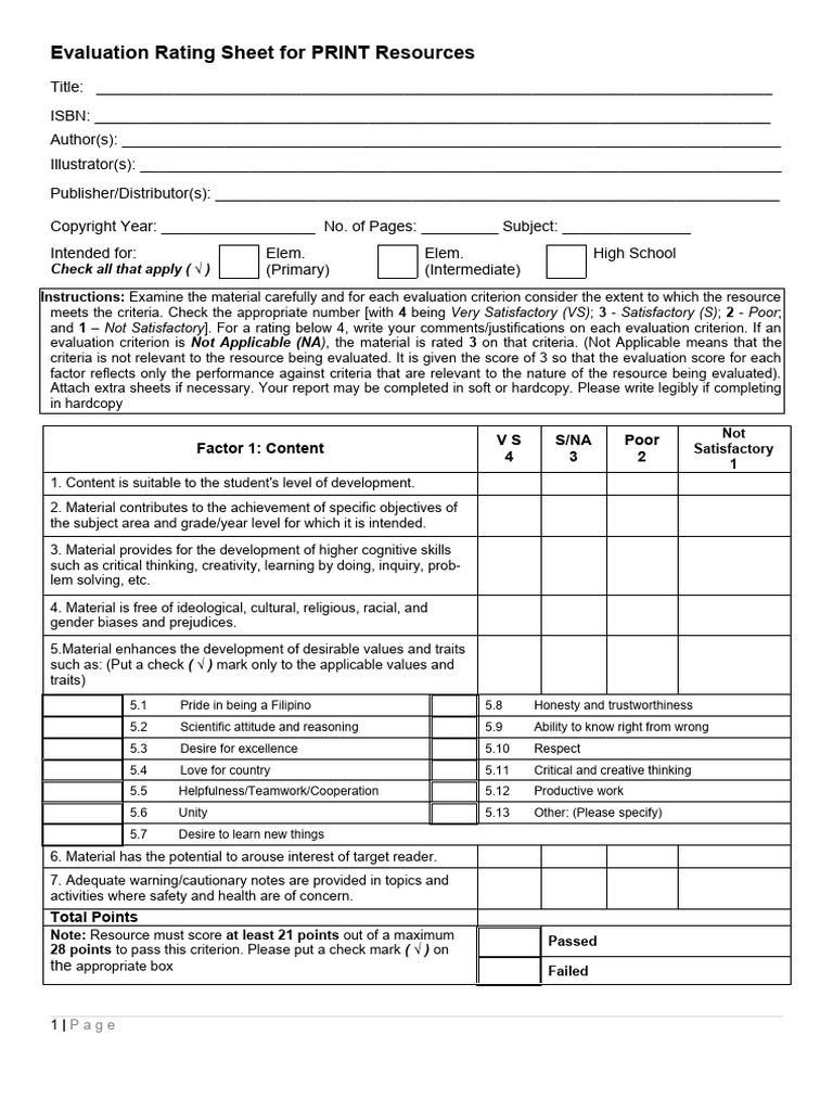 Evaluation Rating Sheet For PRINT Resources | PDF | Evaluation | Creativity