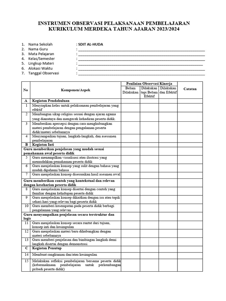 Instrumen Observasi Proses Pembelajaran | PDF