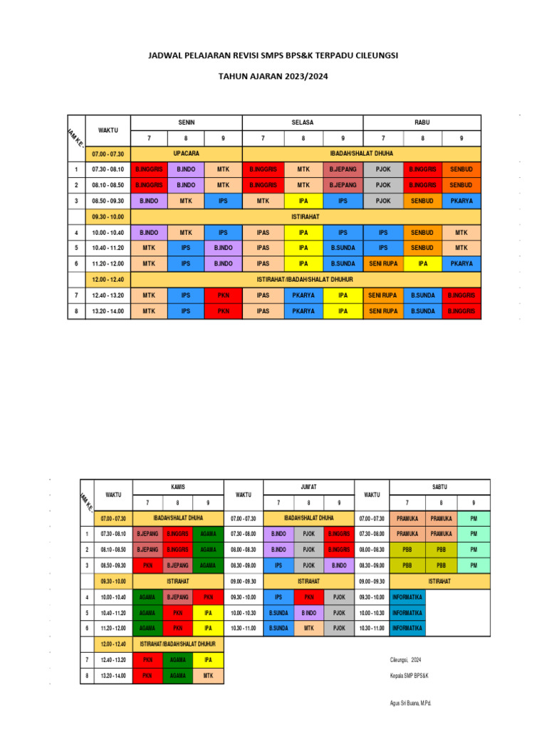 Jadwal Pelajaran SMP BPS&K | PDF