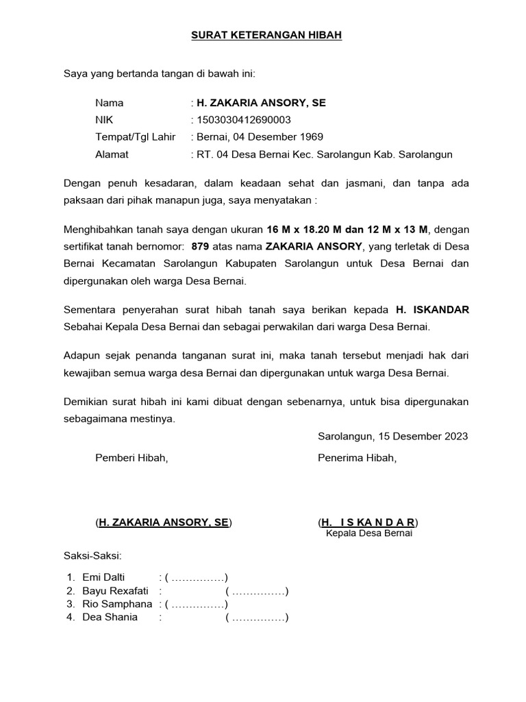 Surat Hibah Tanah untuk Desa Bernai | PDF