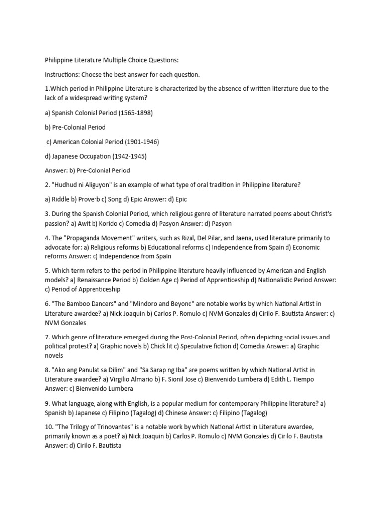Philippine Literature Multiple Choice Questions | PDF | Philippines