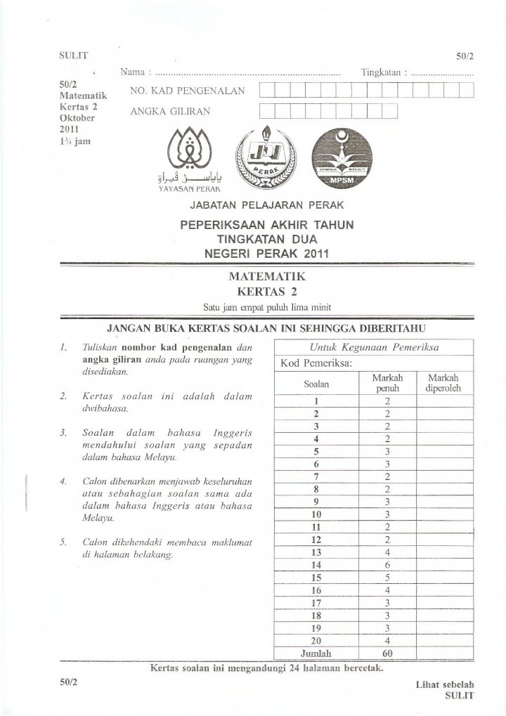 PAT FORM 2 Perak Math 2011 Paper 2 | PDF | Kajian Bahasa Asing