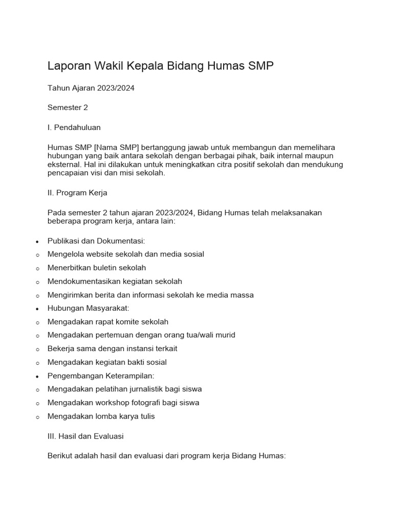 Laporan Humas SMP Semester 2 2023/2024 | PDF