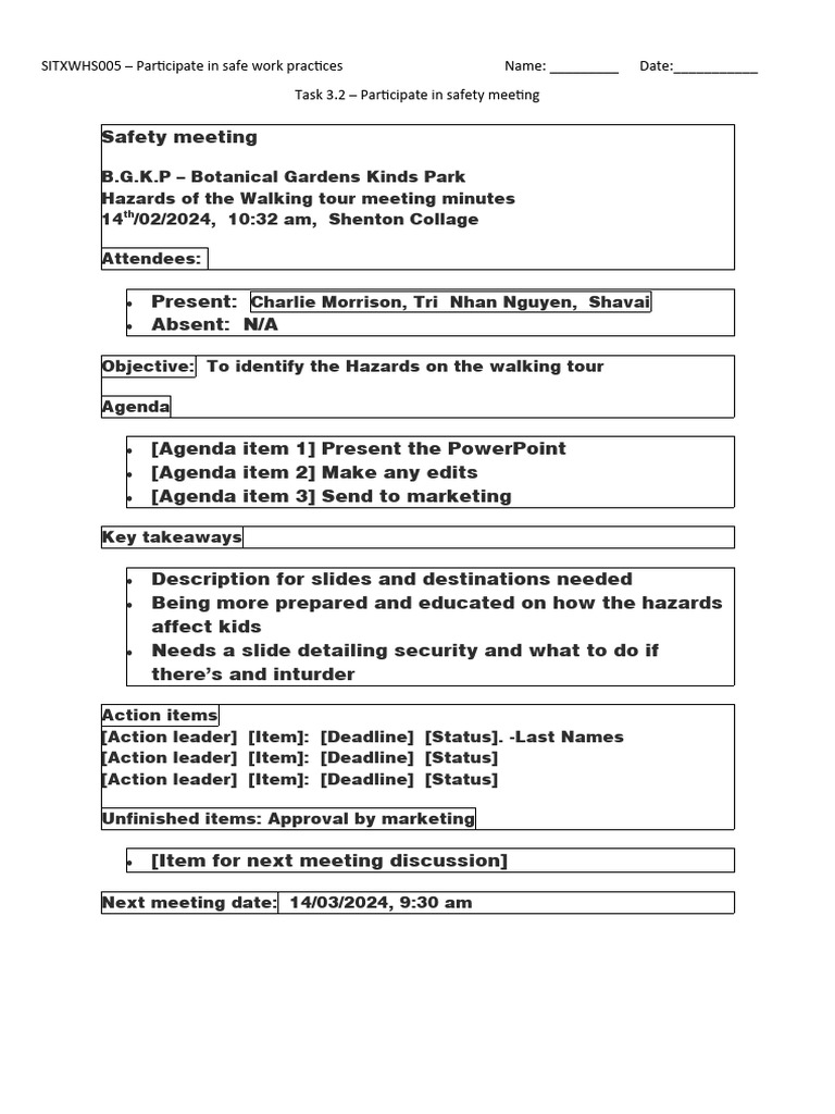 SITXWHS005 Task 3.2 Minutes of Meeting | PDF