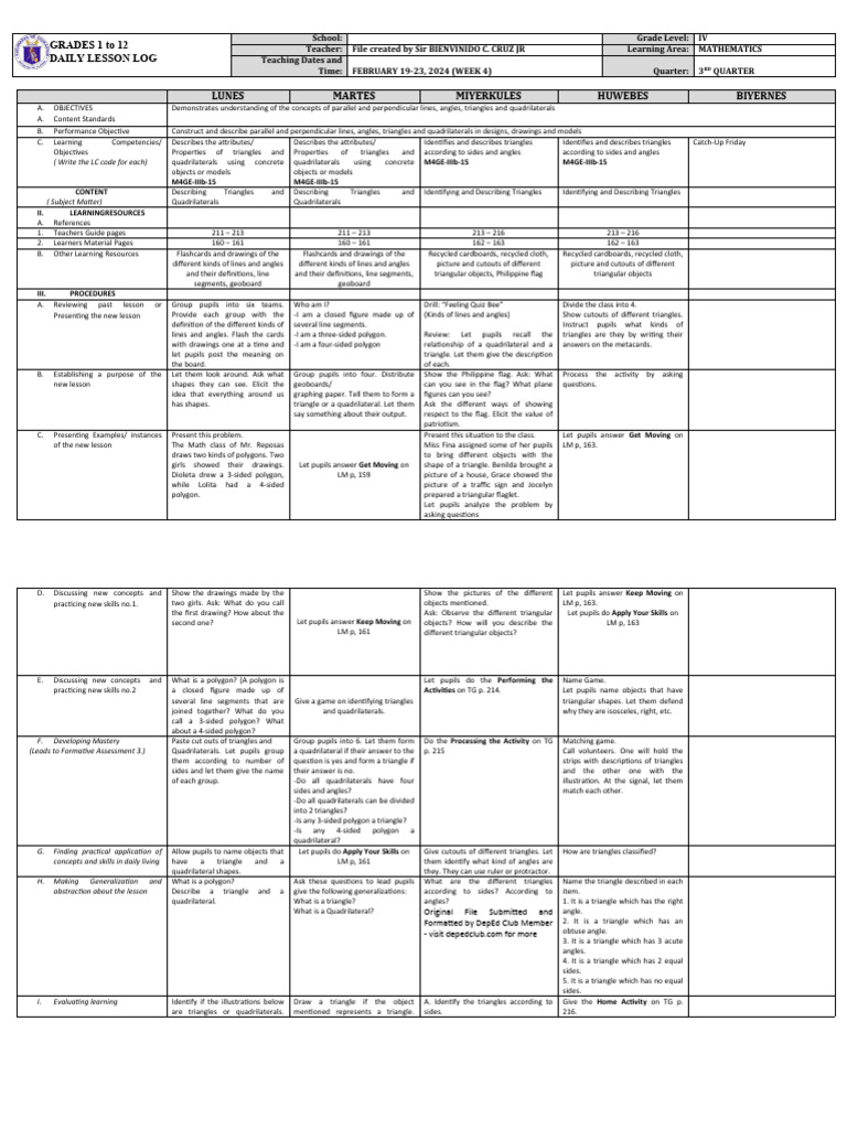 DLL - Mathematics 4 - Q3 - W4 | PDF | Triangle | Shape