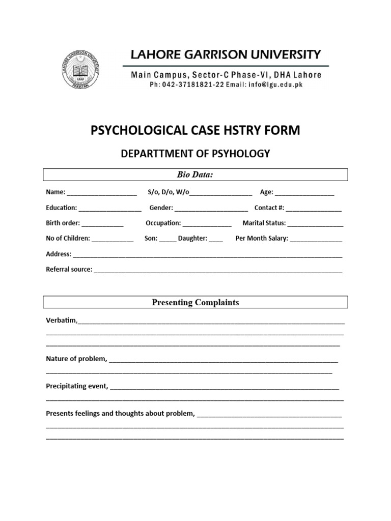 Comprehensive Psychological Case History Form | PDF | Emotions | Psychology
