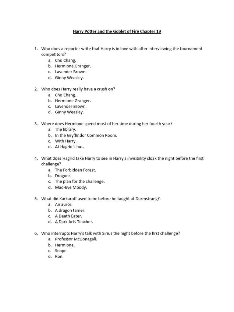 Goblet of Fire Chapters 19-20 Quiz | PDF | Fantasy | Fictional Universes