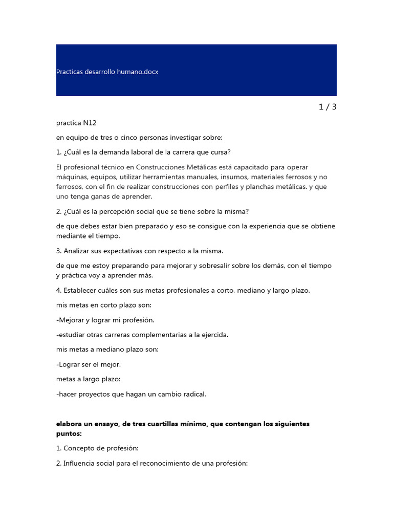 Practicas Desarrollo Humano - Docx: Elabora Un Ensayo, de Tres ...