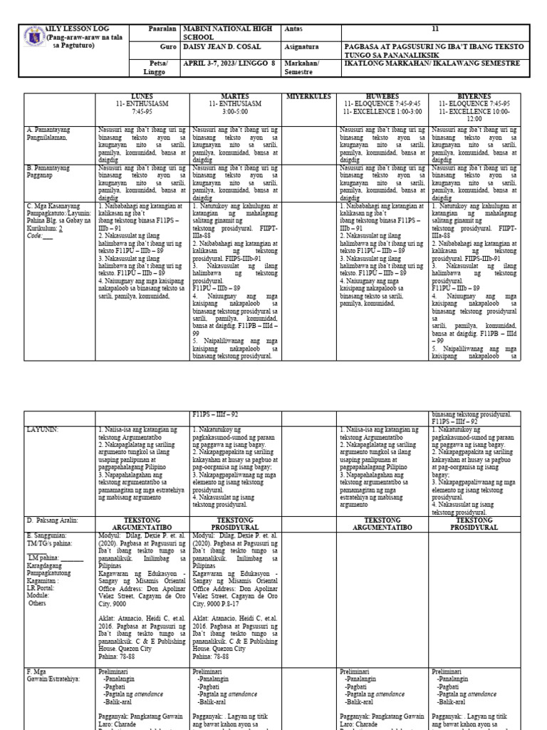Dll-Pagbasa w8 - April 3-7, 2023 | PDF