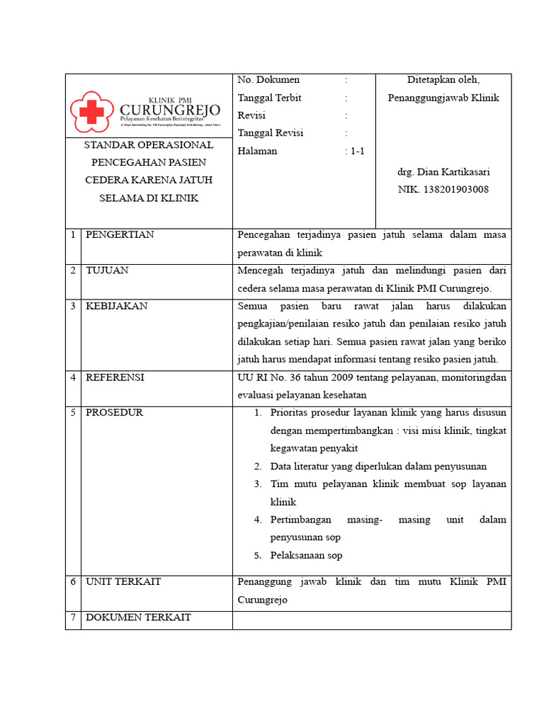 SOP Pencegahan Cedera Jatuh Pasien | PDF