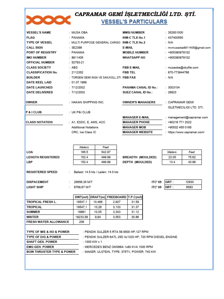 Vessel Particulars for Musa Oba | PDF | Tonnage | Naval Architecture