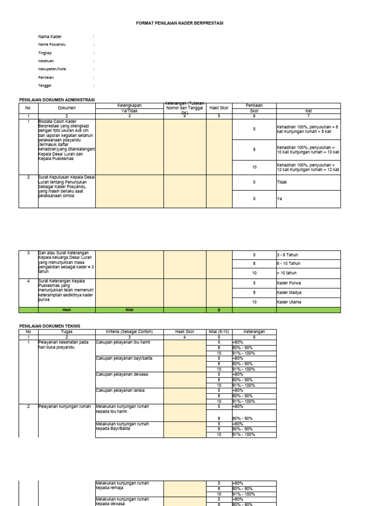 Format Penilaian Kader Berprestasi | PDF