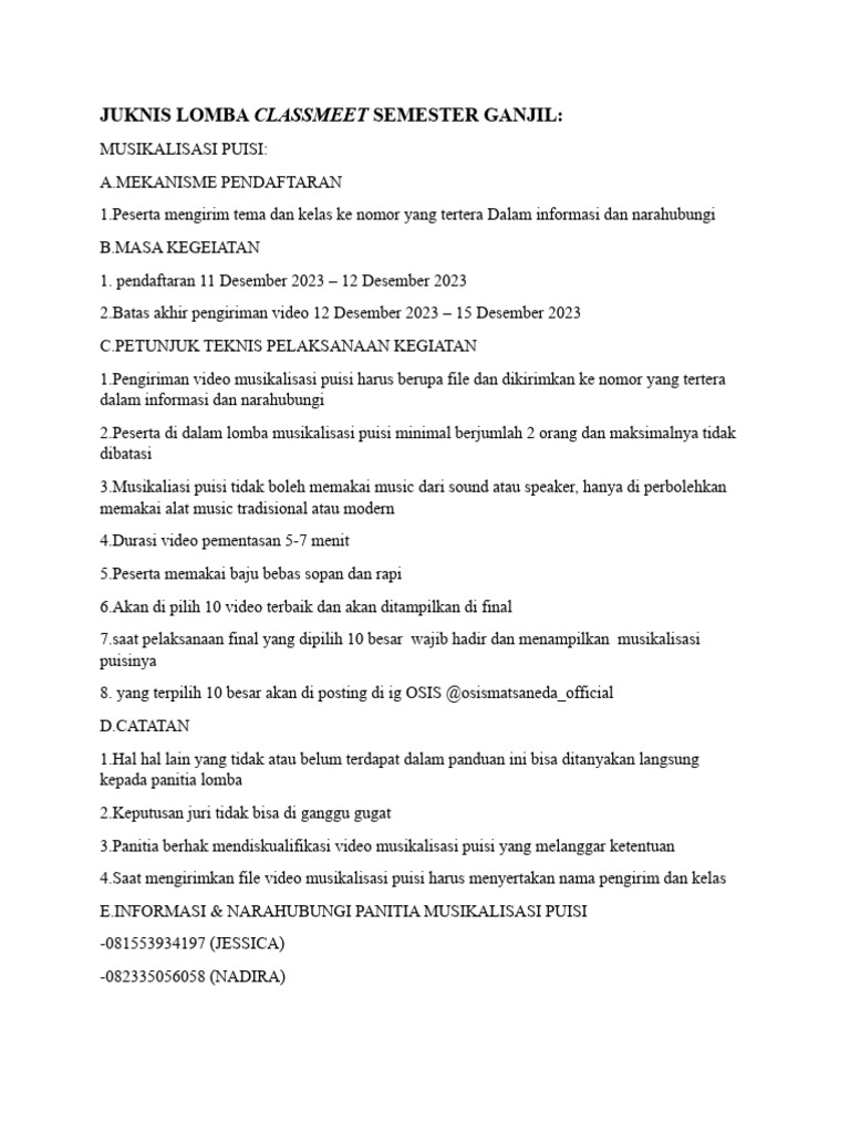 Juknis Lomba Classmeet | PDF