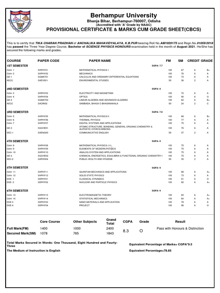 Grade Sheet | PDF | Physics | Mechanics