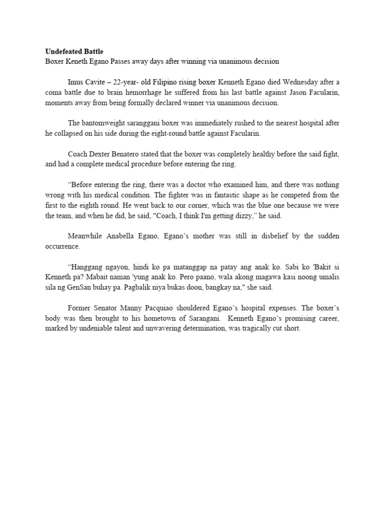 Boxer Kenneth Egano Dies After Victory | PDF