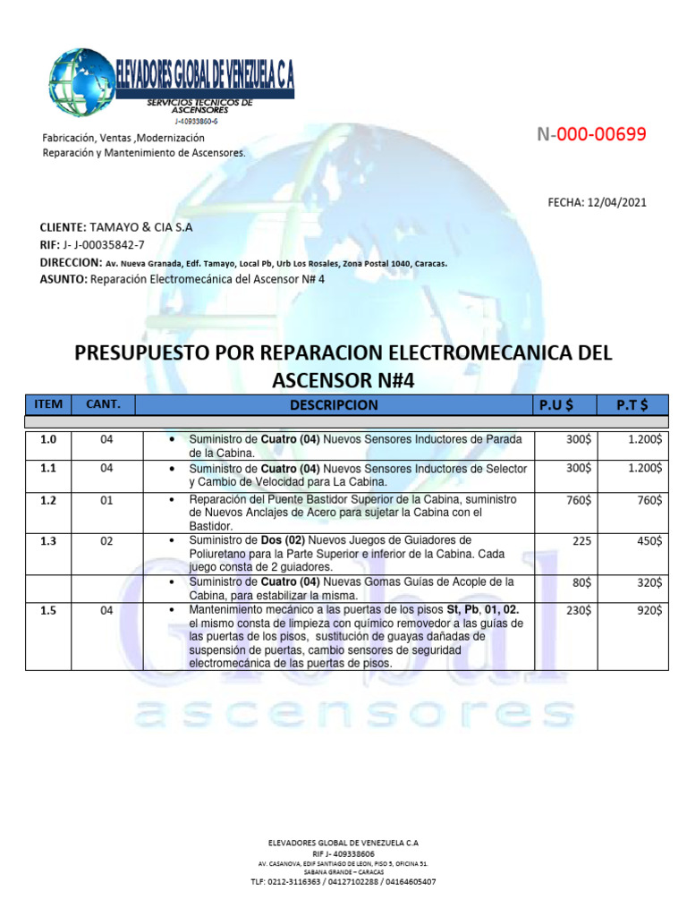 Presupuesto Por Reparacion Electromecanica Ascensor N#4 | PDF | Ascensor | Transporte