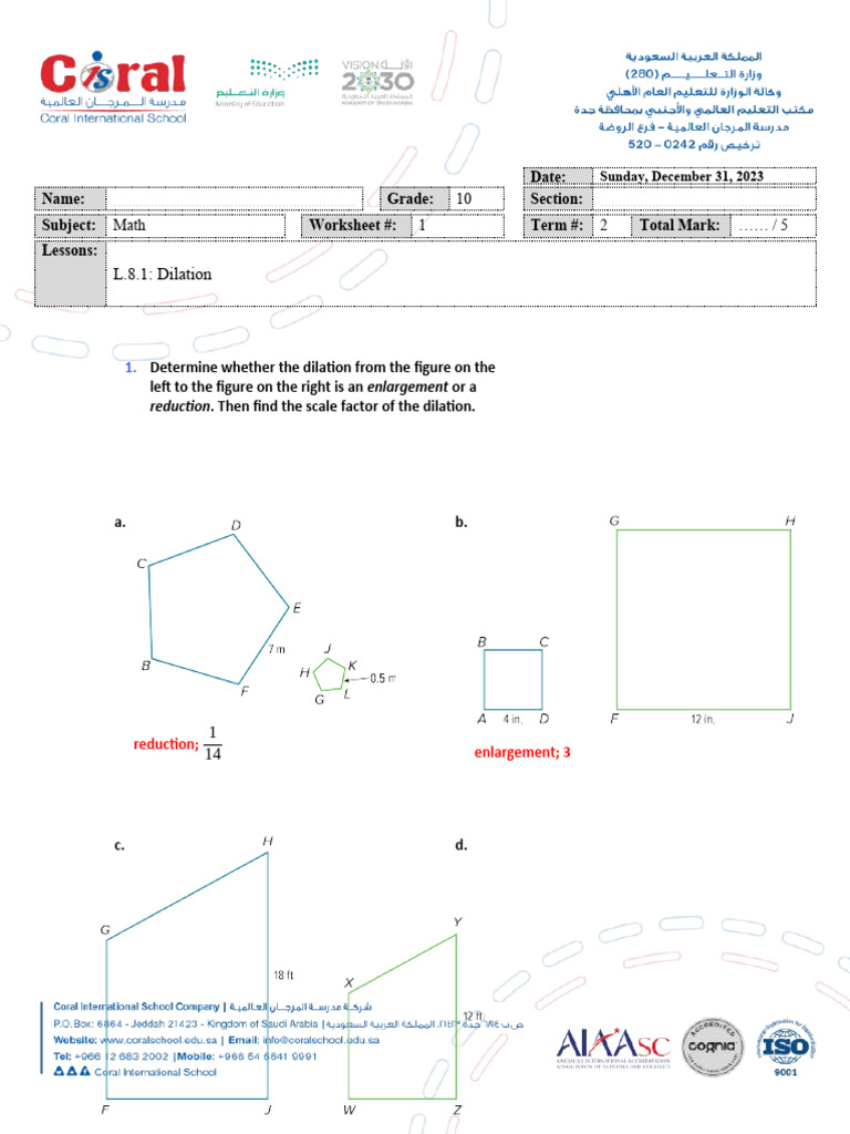 Grade 10 Math Dilation Worksheet | PDF
