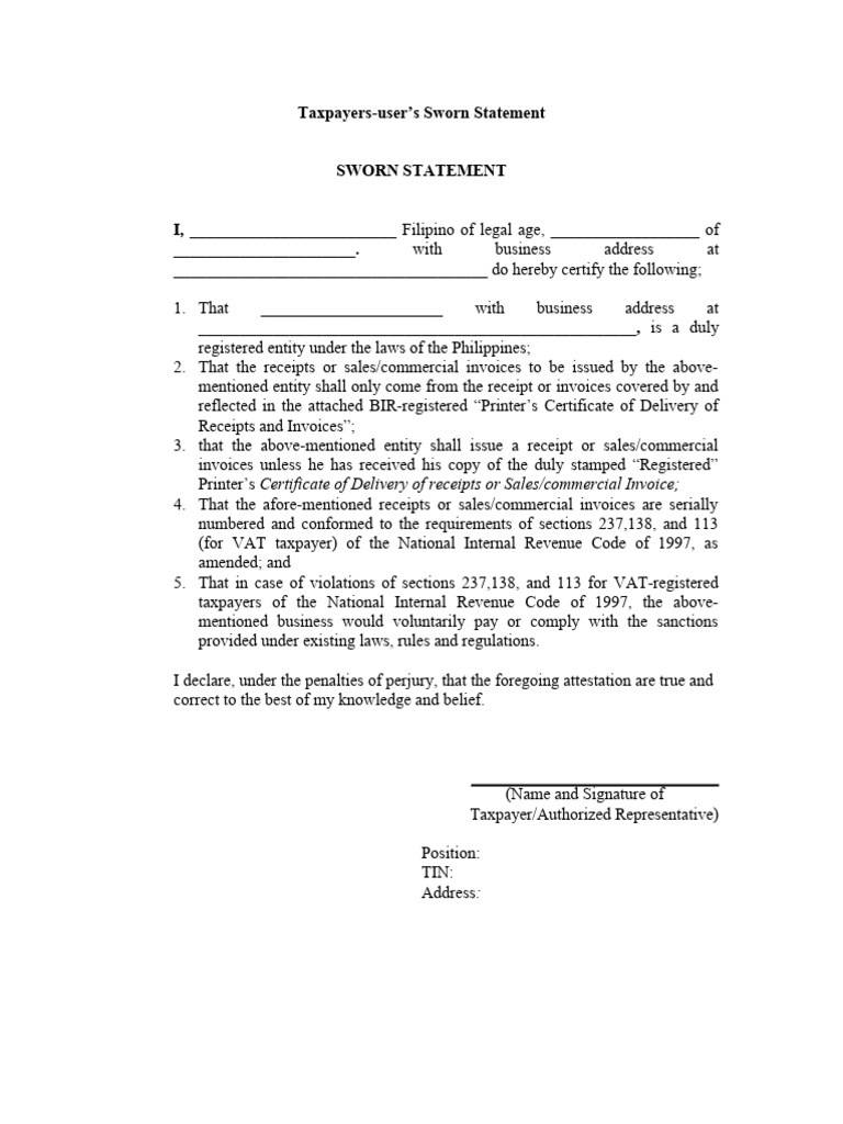 Sworn Statement Sample | PDF | Business | Finance & Money Management