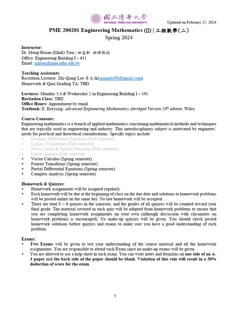 Engineering Mathematics 2 - 2024 Syllabus | PDF | Mathematics | Differential Equations