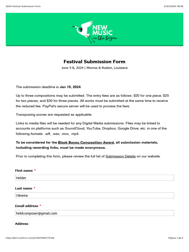2024 Festival Submission Form New Music at The Bayou | PDF | Computing