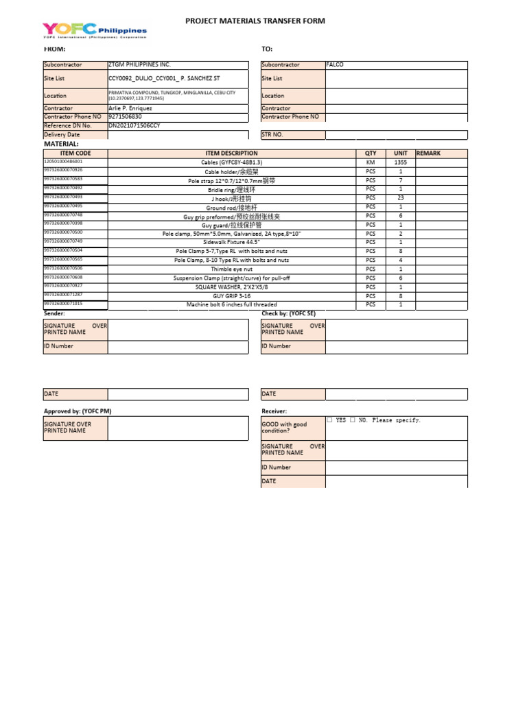 Project Materials Transfer Form | PDF | Joining | Components