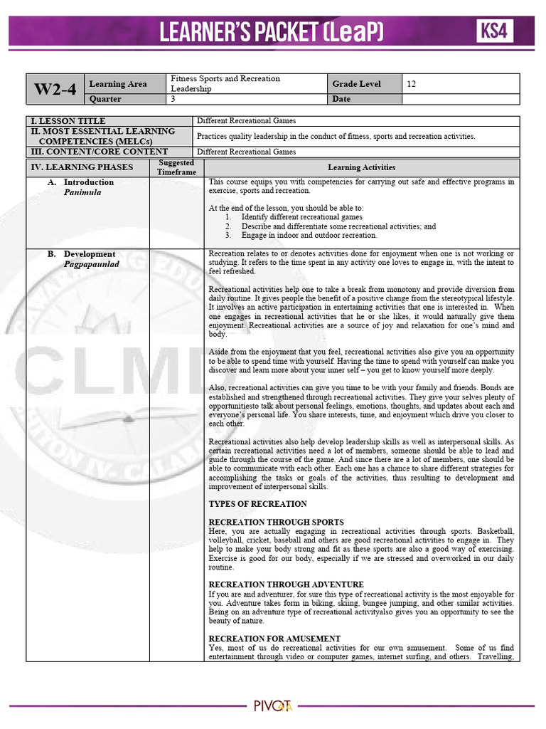 Q3 - W2 W4 - LeaP Fitness Sports and Recreation Leadership | PDF | Parachuting | Recreation