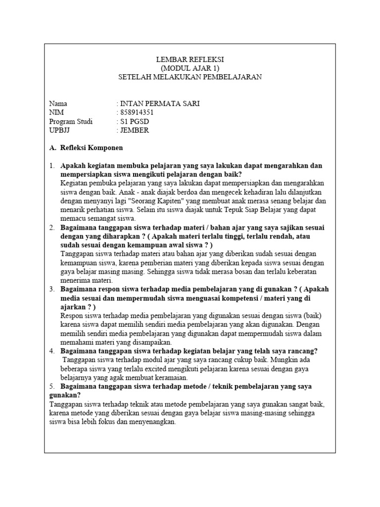 Lembar Refleksi RPP 1 | PDF
