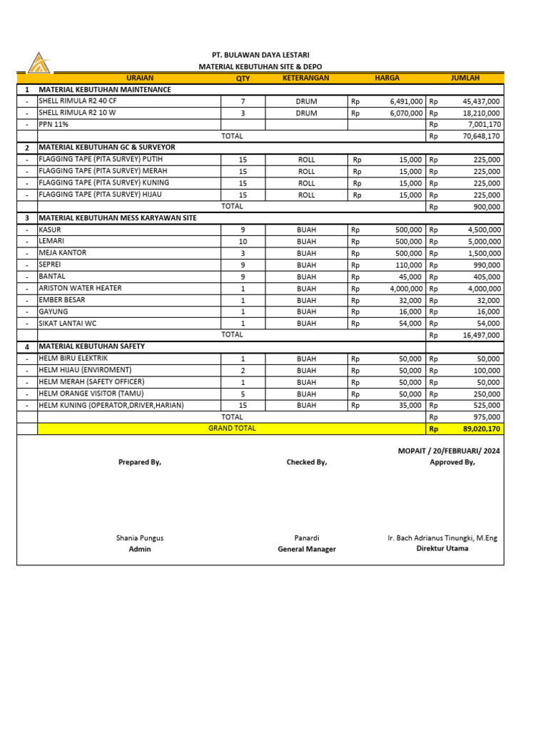 Pengajuan Purchase Order Material Kebutuhan Site & Depo | PDF