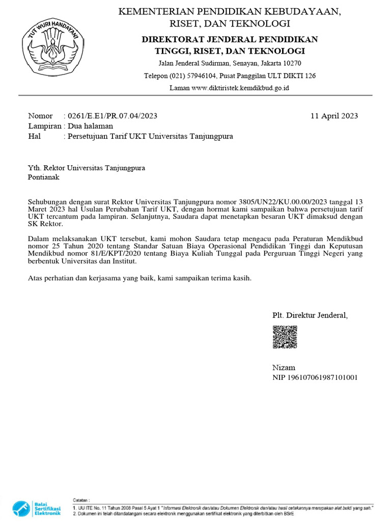 Surat Persetujuan Tarif UKT Universitas Tanjung Pura 1 | PDF
